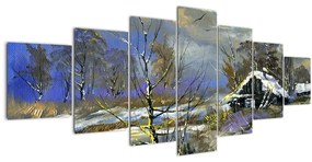 Obraz chaloupky v zimní krajině, olejomalba (210x100 cm)