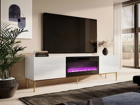 Moderní TV stolek s elektrickým krbem Sindy, bílá / zlatý kov