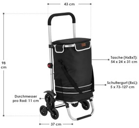 Nákupní vozík 3 v 1 na schody - objem 56 l, černý