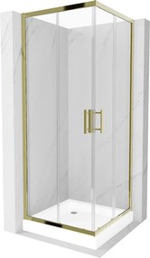 Mexen Rio, čtvercový sprchový kout s posuvnými dveřmi 80 (dveře) x 80 (dveře) x 190 cm, 5mm čiré sklo, zlatý profil + bílá sprchová vanička RIO, 860-080-080-50-00-4510
