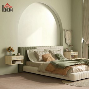 HOMCOM Set 2 Floating Nočních Stolků Závěsné Noční Stolky s Otevřeným Úložným Prostorem a Ratanovou zásuvkou pro Ložnici 40x34x23 cm Přírodní
