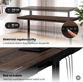 Elektrický psací stůl sit-stand se zásuvkou a bezdrátovou nabíječkou Qi černý/ořech, 1600 mm: ELLIS