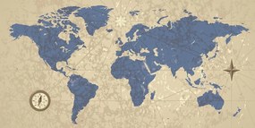 Obraz mapa světa s kompasem v retro stylu