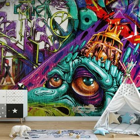 Fototapeta Street art - barevné graffiti v odstínech fialové s postavou skřítka