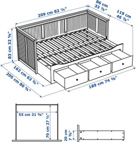 HEMNES Rám rozkládací postele, 3 zásuvky, šedá, 80x200 cm