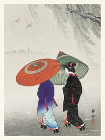 Obrazová reprodukce Geisha in the Rain / Wearing Traditional Kimono (Japandi Vintage) - Ohara Koson, (30 x 40 cm)