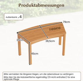 Costway Sada 4 dřevěných zahradních laviček bez opěradla, lavička, zakřivená