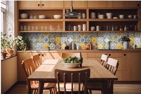 DIMEX | Fototapeta do kuchyně Vintage barevné kachličky KI-420-243 | 420 x 60 cm | vícebarevná, hnědá