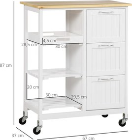 HOMCOM Kuchyňský vozík, servírovací vozík se 3 zásuvkami, 3 úrovně, pracovní deska, kuchyňský vozík, úložný vozík, bílý, 67 x 37 x 85 cm| Aosom