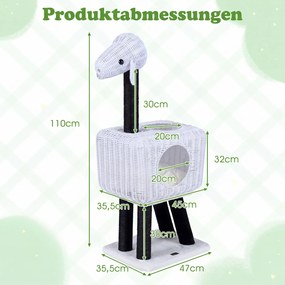 Costway Ratanové škrabadlo 110 cm kočičí věž v ovčím provedení s jeskyní