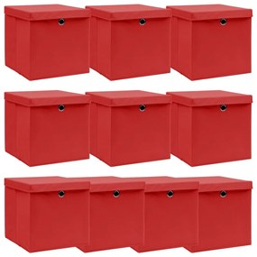 Úložné boxy s víky 10 ks červené 32 x 32 x 32 cm textil 288364