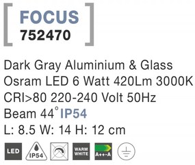 Svítidlo Nova Luce FOCUS WALL GREY nástěnné, IP 54, 6 W