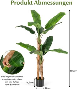 Costway Umělý banánovník s 10 listy a přírodním kmenem zelený 165 cm