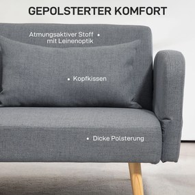 HOMCOM 3místná pohovka s funkcí spaní, 170x83x80cm, s 3stupňovým nastavením opěradla a nohou, vlnité pružiny, přehozové polštáře, vzhled lnu, šedá| A…