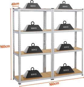 Zátěžový regál Yaheetech – Mod.8/2: 160 × 80 × 40 cm/640 kg stříbrná (264515749188)