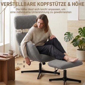 HOMCOM otočné relaxační křeslo s podnožkou, sametový vzhled, nastavitelný opěrák hlavy a výška, houpací funkce, šedé
