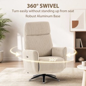 HOMCOM elektrické otočné relax křeslo s dvojitým motorem — USB-A USB-C, nastavitelná opěrka hlavy, manšestr, krémové