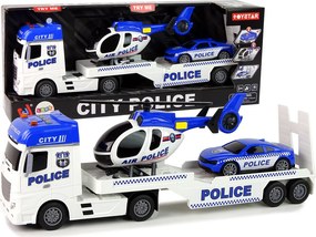LEAN Toys Sada: Policie, odtahovka, nákladní auto, autíčko, vrtulník, zvuky, světla