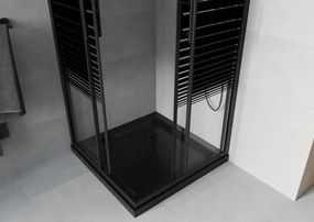 Mexen Rio, čtvercový sprchový kout 80(dveře)x80(dveře)x190 cm, 5mm čiré sklo-vzor pásky, černý profil + černá sprchová vanička SLIM, 860-080-080-70-20-4070B