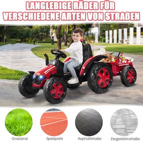 Costway Traktor 12 V dětský pojízdný traktor s odnímatelným přívěsem, červený