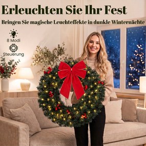 HOMCOM Vánoční věnec 60 cm, věnec na dveře s designem Crestwood borovice, mašle, 50 LED, 140 špiček větviček, 8 světelných režimů