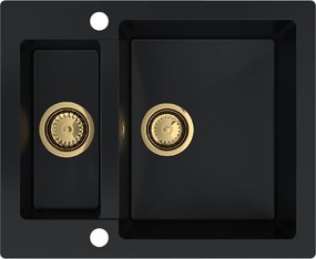 Sink Quality Ferrum, kuchyňský granitový dřez 605x495x210 mm + zlatý sifon, černá, SKQ-FER.C.5KBO.XG