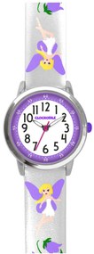 Stříbrné třpytivé dívčí hodinky s fialovými vílami CLOCKODILE FAIRIES CWG5082