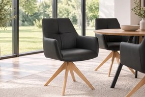Designová otočná židle Devassy černá kůže / dub
