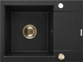 Invena Tesalia, 1-komorový granitový dřez s odkapávačem 590x440x160 mm a zlatý automatický sifon, INV-AZ-01-Z42-B
