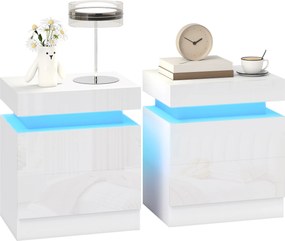 HOMCOM sada 2 LED nočních stolků s 16 barvami a 4 režimy, se 2 šuplíky, z dřeva, 45x35x52 cm, vysokolesklá bílá