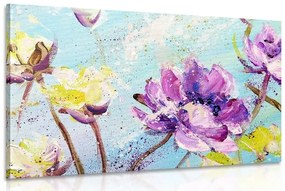 Obraz malované fialové a žluté květy - 120x80 cm