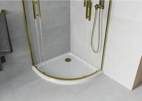 Mexen Rio, čtvrtkruhový sprchový kout s posuvnými dveřmi 80 (dveře) x 80 (dveře) x 190 cm, 5mm čiré sklo, zlatý profil + bílá sprchová vanička SLIM, 863-080-080-50-00-4110G