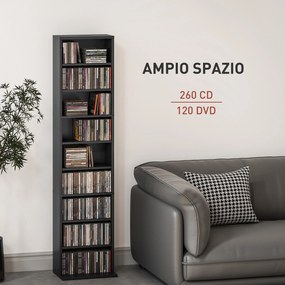 HOMCOM knihovna s 9 policemi pro 260 CD, moderní design, CD regál z dřevotřísky, 33x24x140 cm, černá