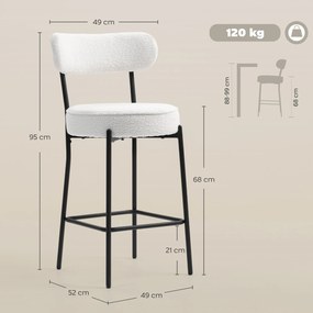 HOMCOM Set 2 barových židlí z bouclé látky, barová židle s zakřiveným opěradlem, opěrka nohou, 49x52x95 cm, krémové