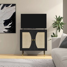 HOMCOM Buffet Skříňka s Dvojitými Dveřmi v Boho Stylu, 2 Úrovně, Ratanový Přední Panel 80 x 38 x 79 cm Černá