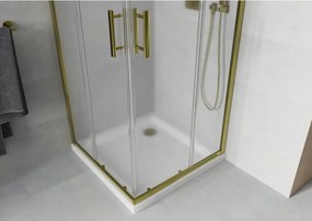 Mexen Rio, čtvercový sprchový kout s posuvnými dveřmi 90 (dveře) x 90 (dveře) x 190 cm, 5mm sklo námraza, zlatý profil + bílá sprchová vanička SLIM, 860-090-090-50-30-4010G