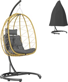 Závěsné Křeslo Outsunny do 150 kg s Skládacím Košem a Polstry, Zahradní Houpací Křeslo z Oceli a PE Rattanu, 102x102x195 cm, Černá, Šedá a Béžová | Ao