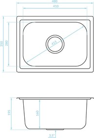 Kuchinox Mini, 1-komorový nerezový dřez 350x480x195 mm, hladký dekor, ocelová, LAV-SKM_010T