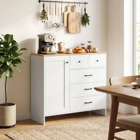 HOMCOM kuchyňský bufet, úložný nábytek s 5 zásuvkami a dvířky, rustikální styl, 100 x 40 x 94 cm, bílý