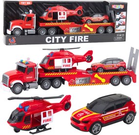 LEAN Toys Hasičský karavan Vrtulník Světla auta Zvuky Červená