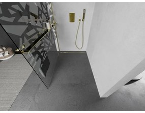 Mexen Kioto+ L, sprchová zástěna Walk-In s poličkou a ramínkem 110 x 200 cm, 8mm čiré sklo bílý vzor, ​​zlatý lesklý profil, 800-110-123-50-85