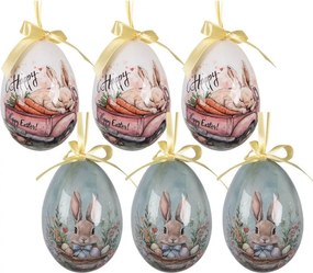 6ks dekorace bílé a modré závěsné vajíčko s králíčky Spring Egg - Ø 7*10 cm