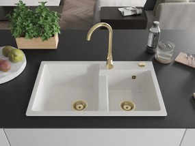 Mexen Tomas, granitový dřez 800x500x190 mm, 2-komorový, bílá se zlatým sifonem, 6516802000-20-G