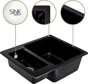 Sink Quality Ferrum, kuchyňský granitový dřez 605x495x210 mm + sifon, černá, SKQ-FER.C.5KBO.X