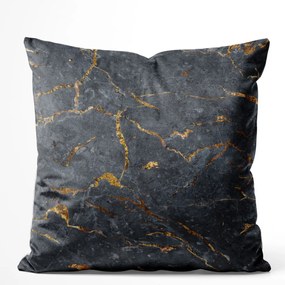 Dekorační velurový polštář Prasklé magma - grafitový vzor imitující kámen se zlatými pruhy