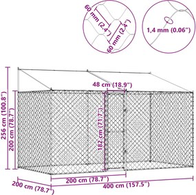 Psí klec s střechou Stříbrná 400 x 200 x 256 cm Ocel a PE 3368301