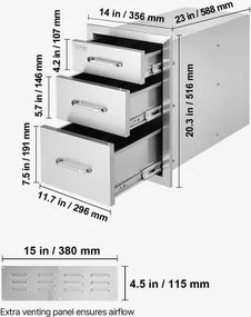 Nerezová komoda se 3 zásuvkami s rukojetí 35*58 cm Bbq úložná skříňka