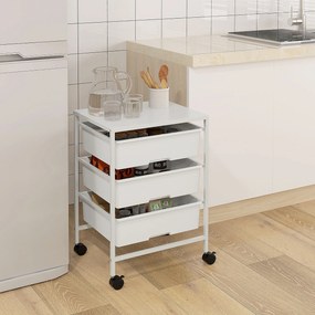 HOMCOM Kolečkový Úložný Vozík 3-Tier Kuchyňský Vozík se 3 Košíky pro Skladování a Ocelovým Rámem do Jídelny a Koupelny 40,8x33,5x60,5 cm Bílý