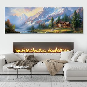 Obraz na plátně - Kouzelná chata v údolí hor FeelHappy.cz Velikost obrazu: 240 x 80 cm