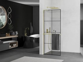 Mexen Kioto+ L, sprchová zástěna Walk-In s poličkou a věšákem 90 x 200 cm, 8mm čiré sklo černý vzor, ​​zlatý lesklý profil, 800-090-123-50-77
